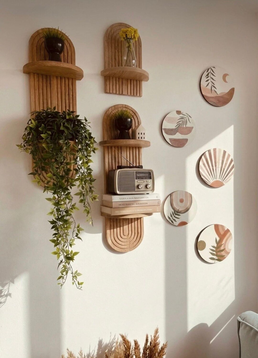 Boho Wooden Shelf Set With 5 Decorative Art Pieces | Minimal Home Decor ...