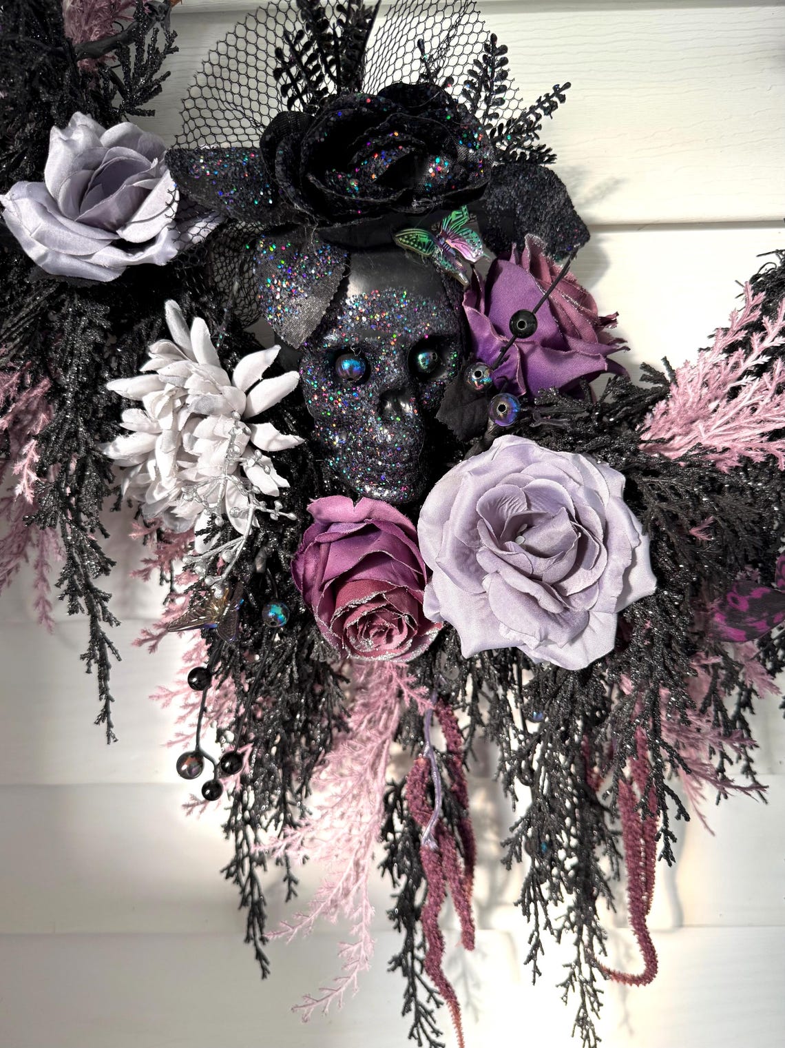 Gothic Halloween Wreath With Skull Spooky Glam Purple Roses and Dark ...