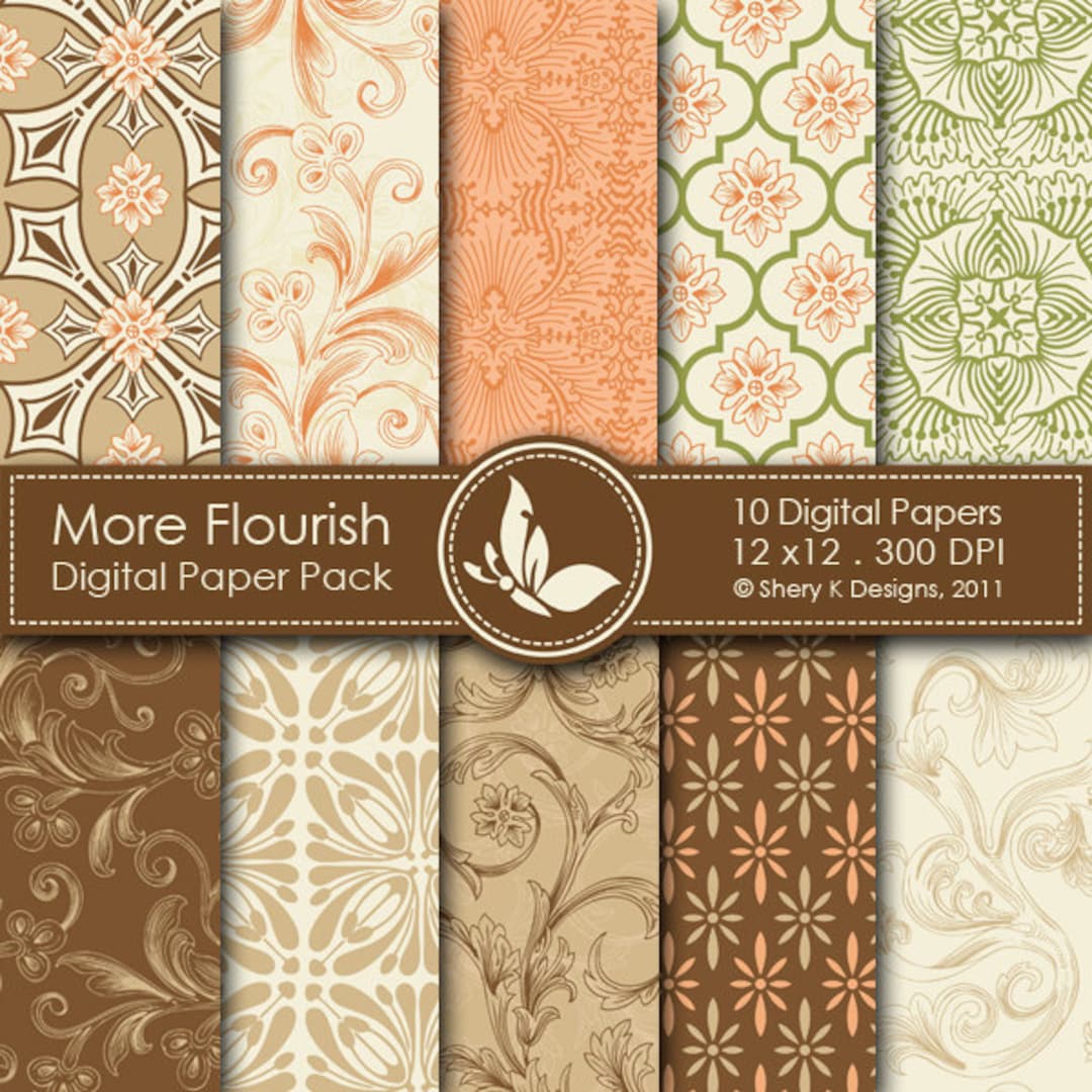 More Flourish Paper Pack - 10 Printable Digital Papers - 12 X12 - 300 ...