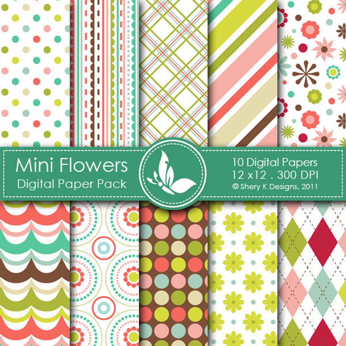 Mini Flowers Paper Pack - 10 Printable Digital Scrapbooking Papers - 12 ...