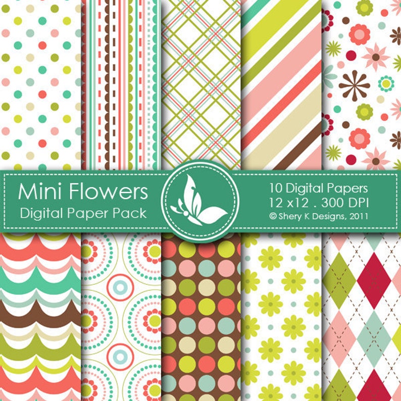 Mini Flowers Paper Pack - 10 Printable Digital Scrapbooking Papers - 12 ...