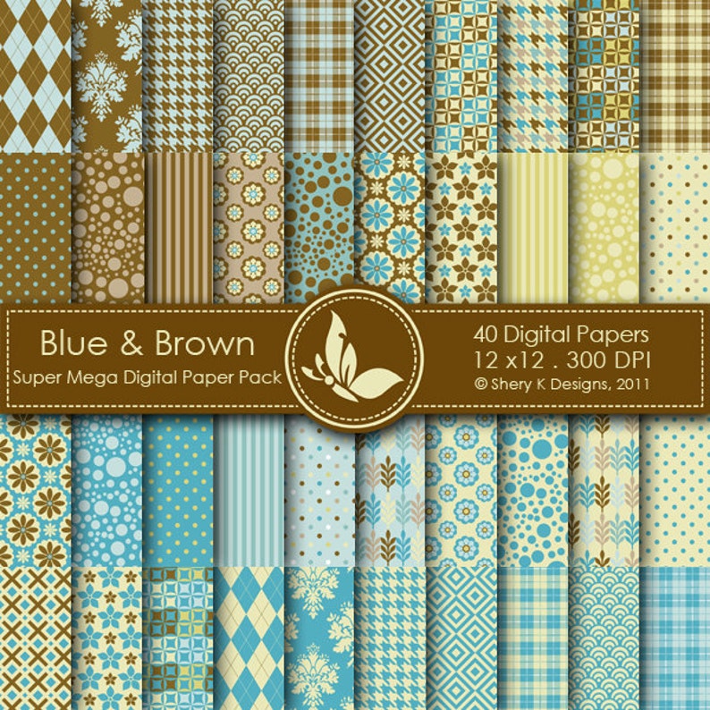 Blue and Brown Super Mega Paper Pack - 40 Printable Digital Papers - 12 ...