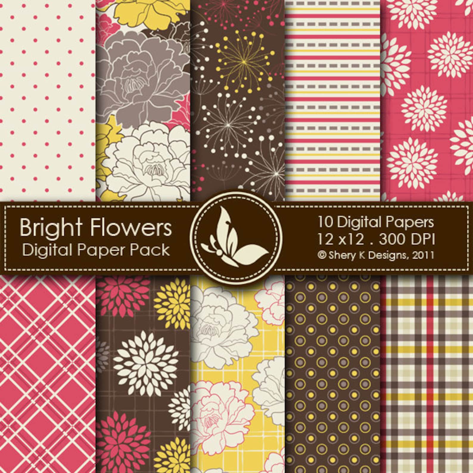 Bright Flowers Paper Pack - 10 Printable Digital Scrapbooking Papers ...