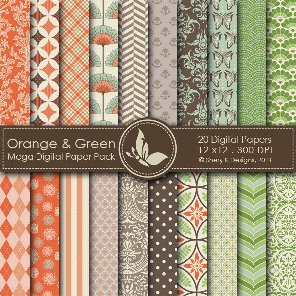 Orange & Green Mega Paper Pack - 20 Printable Digital Papers - 12 X12 ...