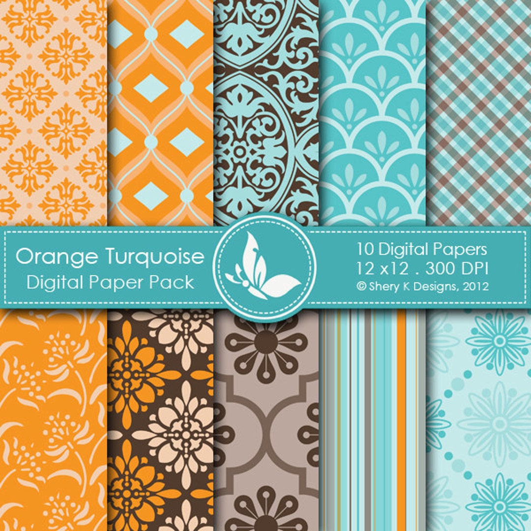 Orange Turquoise Paper Pack - 10 Printable Digital Scrapbooking Papers ...
