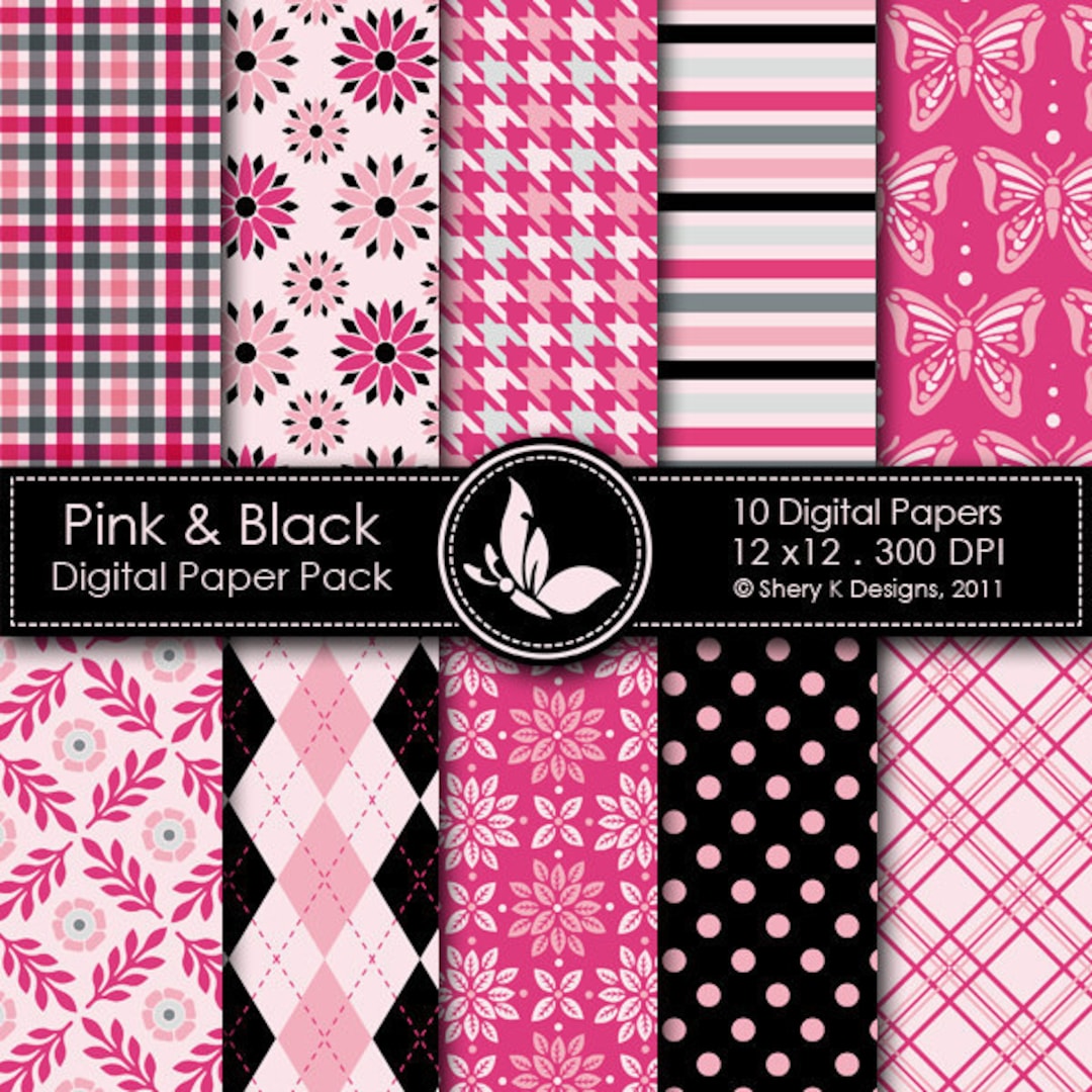 Pink & Black Paper Pack - 10 Printable Digital Papers - 12 X12 - 300 ...