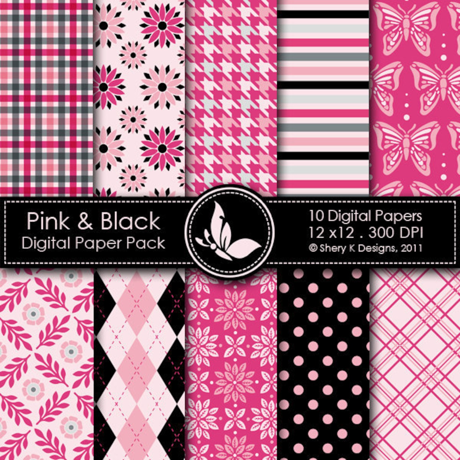 Pink & Black Paper Pack - 10 Printable Digital Papers - 12 X12 - 300 ...