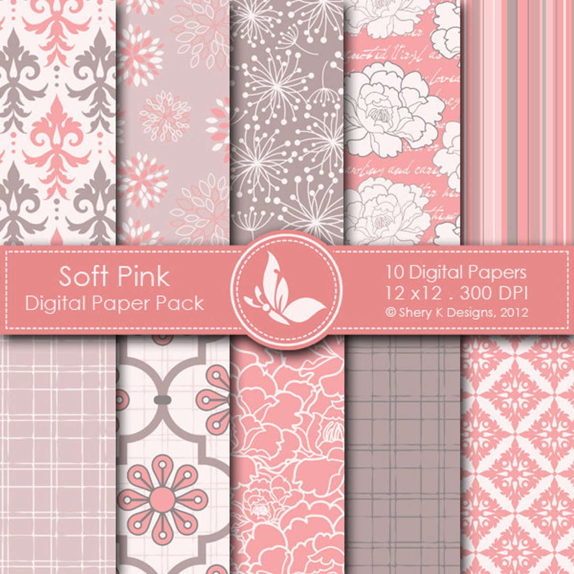 Soft Pink Paper Pack - 10 Printable Digital Scrapbooking Papers - 12 ...