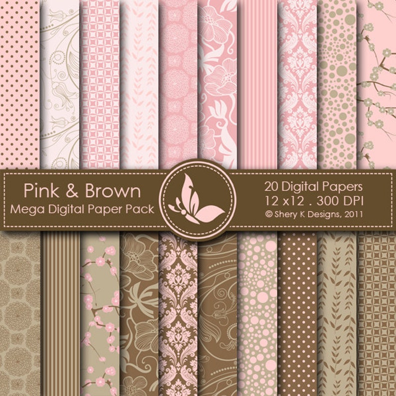Pink & Brown Mega Paper Pack - 20 Printable Digital Papers - 12 X12 ...