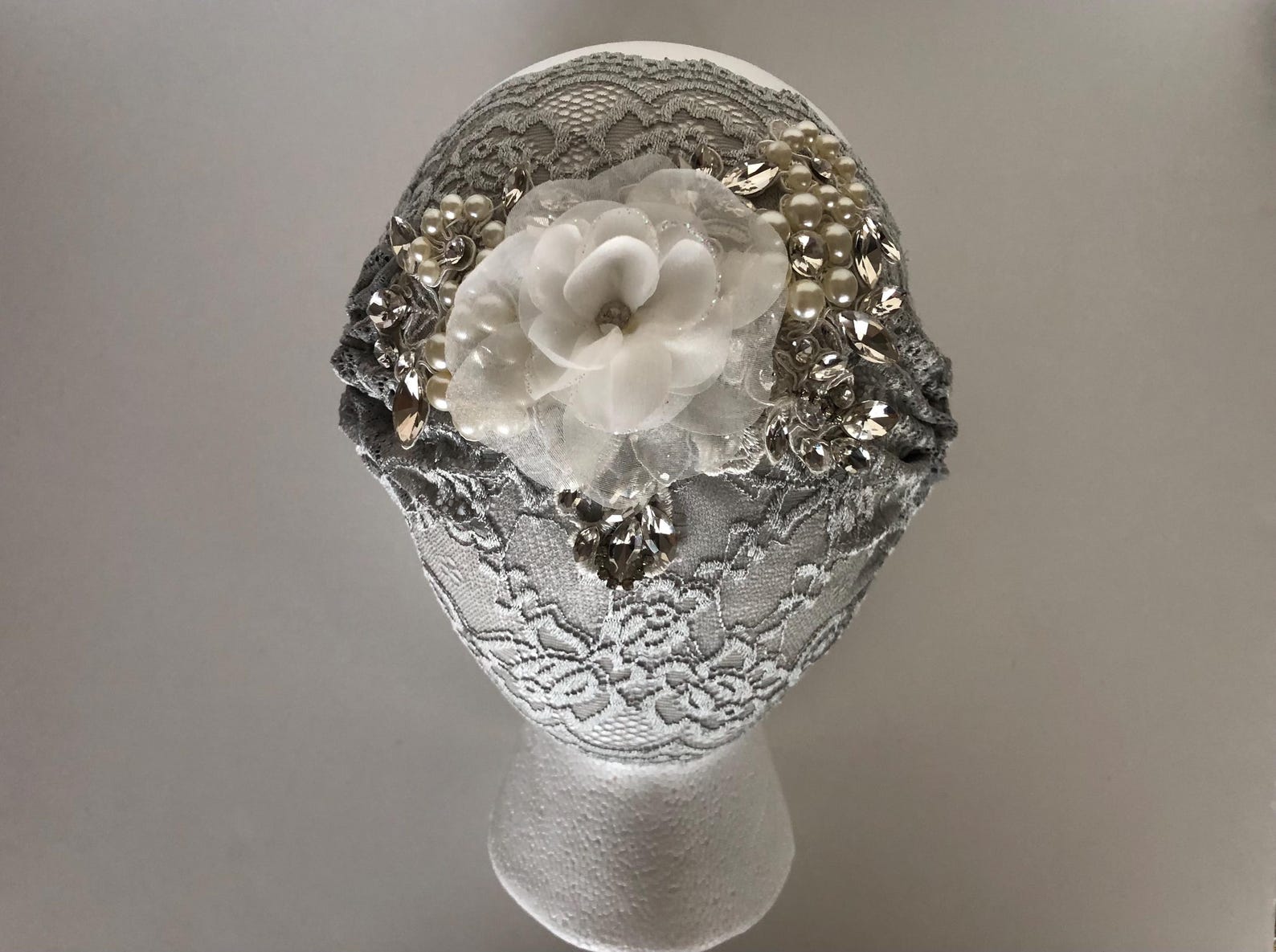 Embellished Crystal 3D Flower Sheer Lace Eye Cover in Gray - Etsy