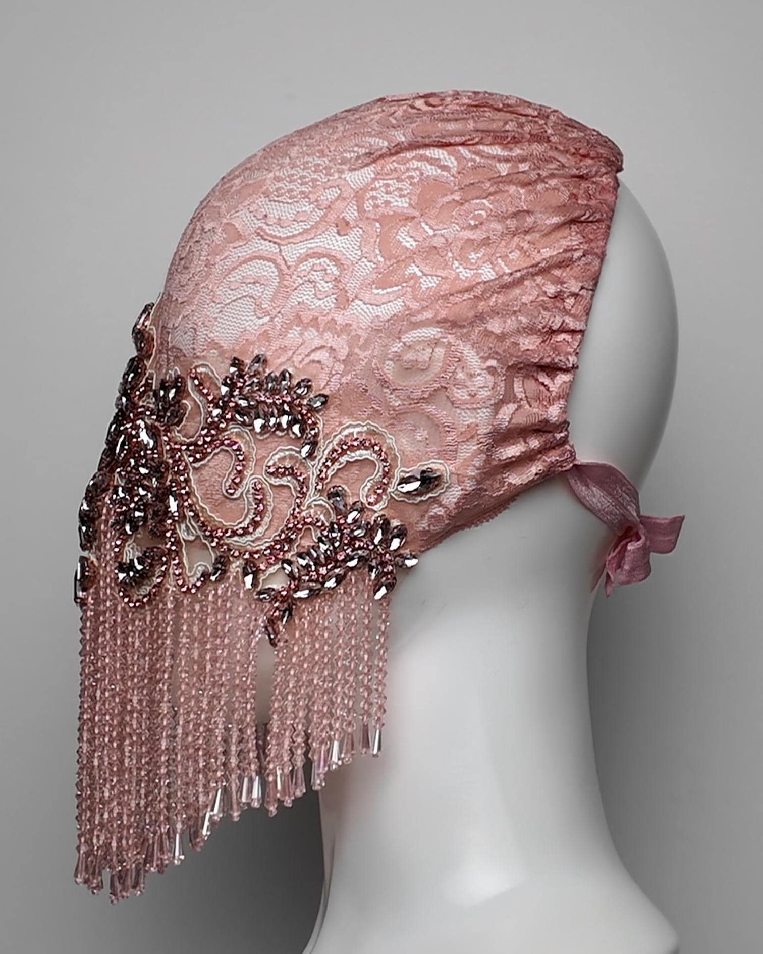Soft See-through Beaded Fringe Face Head Mask With Crystal in Pink Rose ...