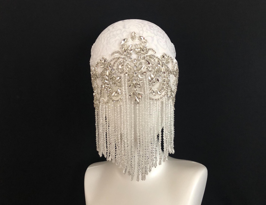 Soft See-through Beaded Fringe Face Head Cover With Crystal in White - Etsy