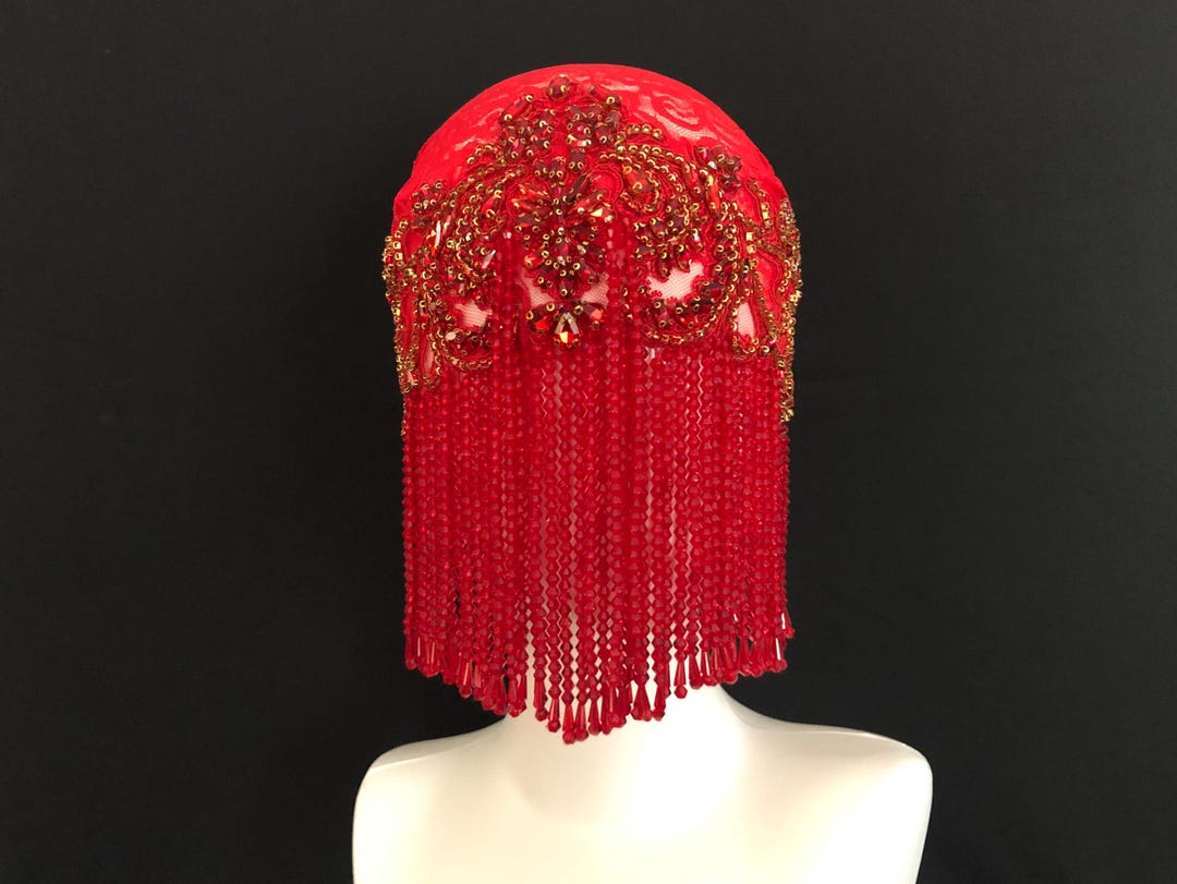 Red Soft See-through Face Head Cover With Crystal Beaded Fringe - Etsy