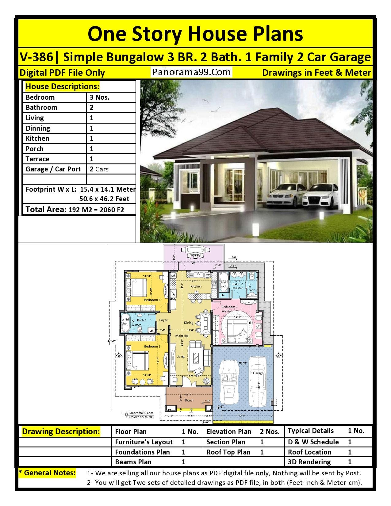 V-386| Modern Cottage Open Plans – 3 Bedroom Tiny Bungalow House Design ...