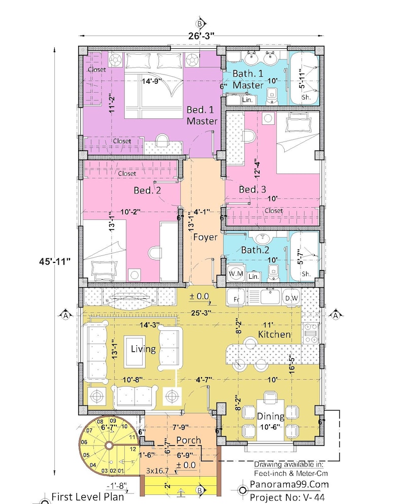 V-44| 3 Bedroom House Floor Plans, Simple Granny Bungalow Design Flat ...