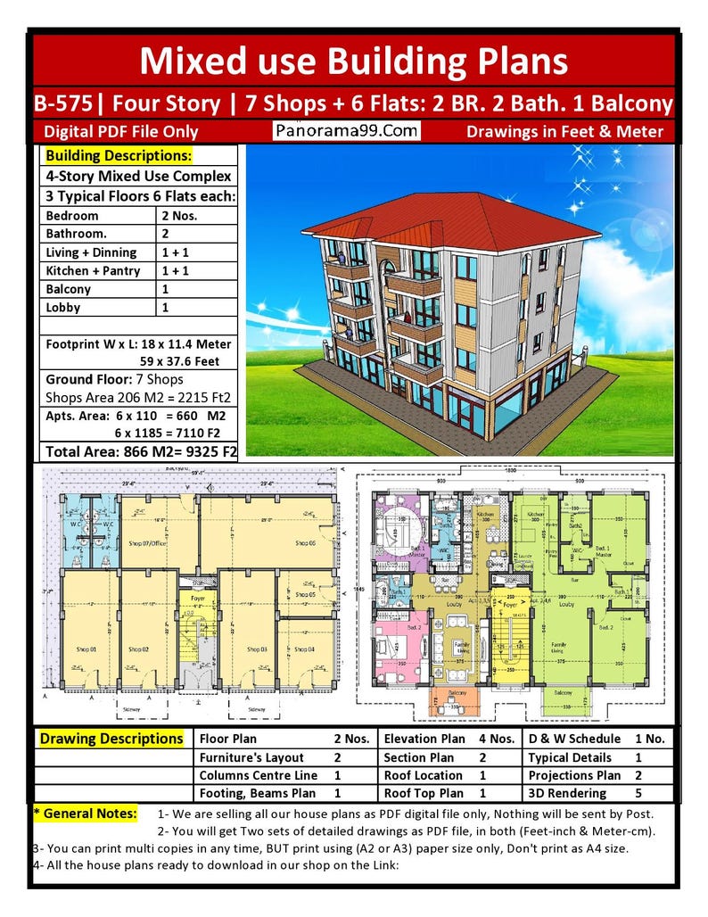 B-575| 3-story Mixed-use Building Plans – 7 Shops and 6 Apartments - Etsy