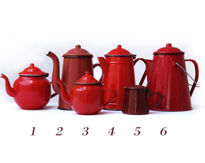 Red Kitchen,large French Vintage Enamel Teapot, Red Enamelware Coffee ...