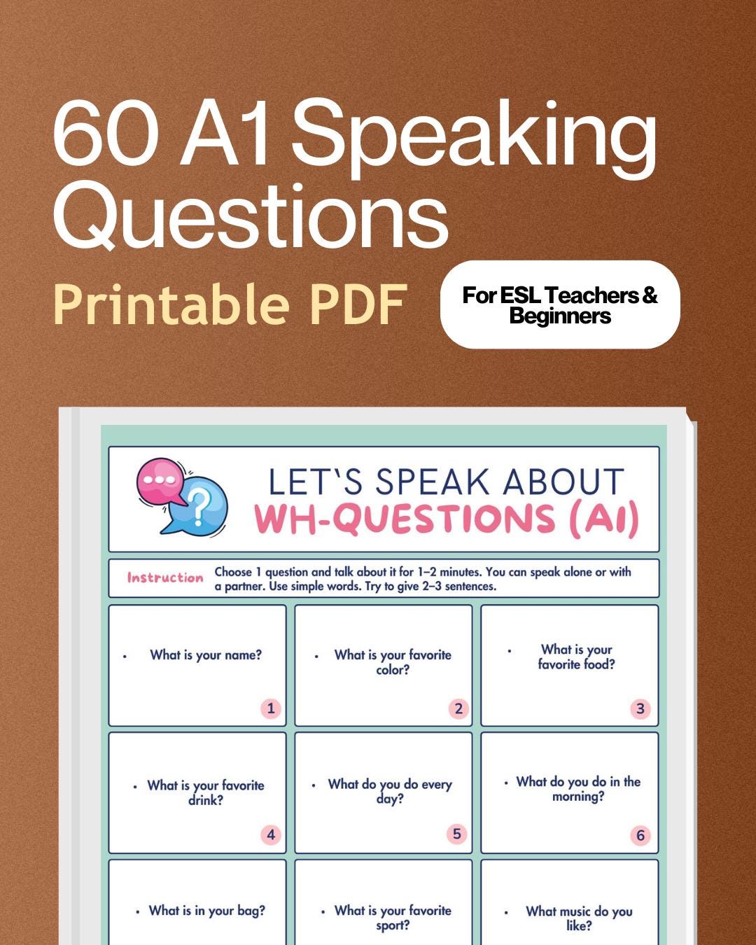 A1 ESL Speaking Cards: 60 Wh-questions (printable PDF Conversation ...