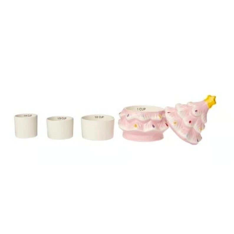 Pink Christmas Tree Measuring Cups Faux Snow & Multicolored Lights ...