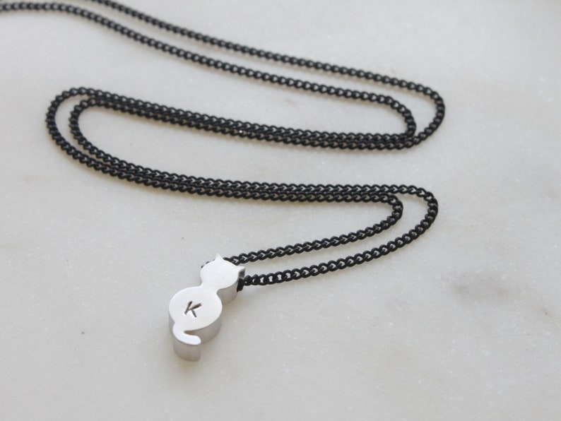 Cute Cat Black chain Necklace Silver Initial Cat Necklace | Etsy