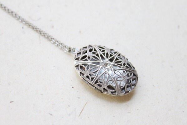 Vintage style Filigree oval Locket Silver Locket long chain | Etsy