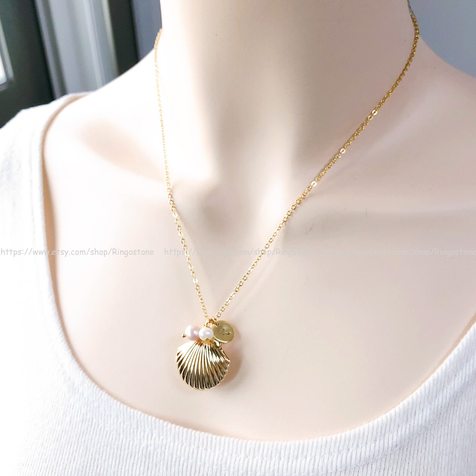 Seashell with pearl gold Locket Gold Initial Shell Locket | Etsy