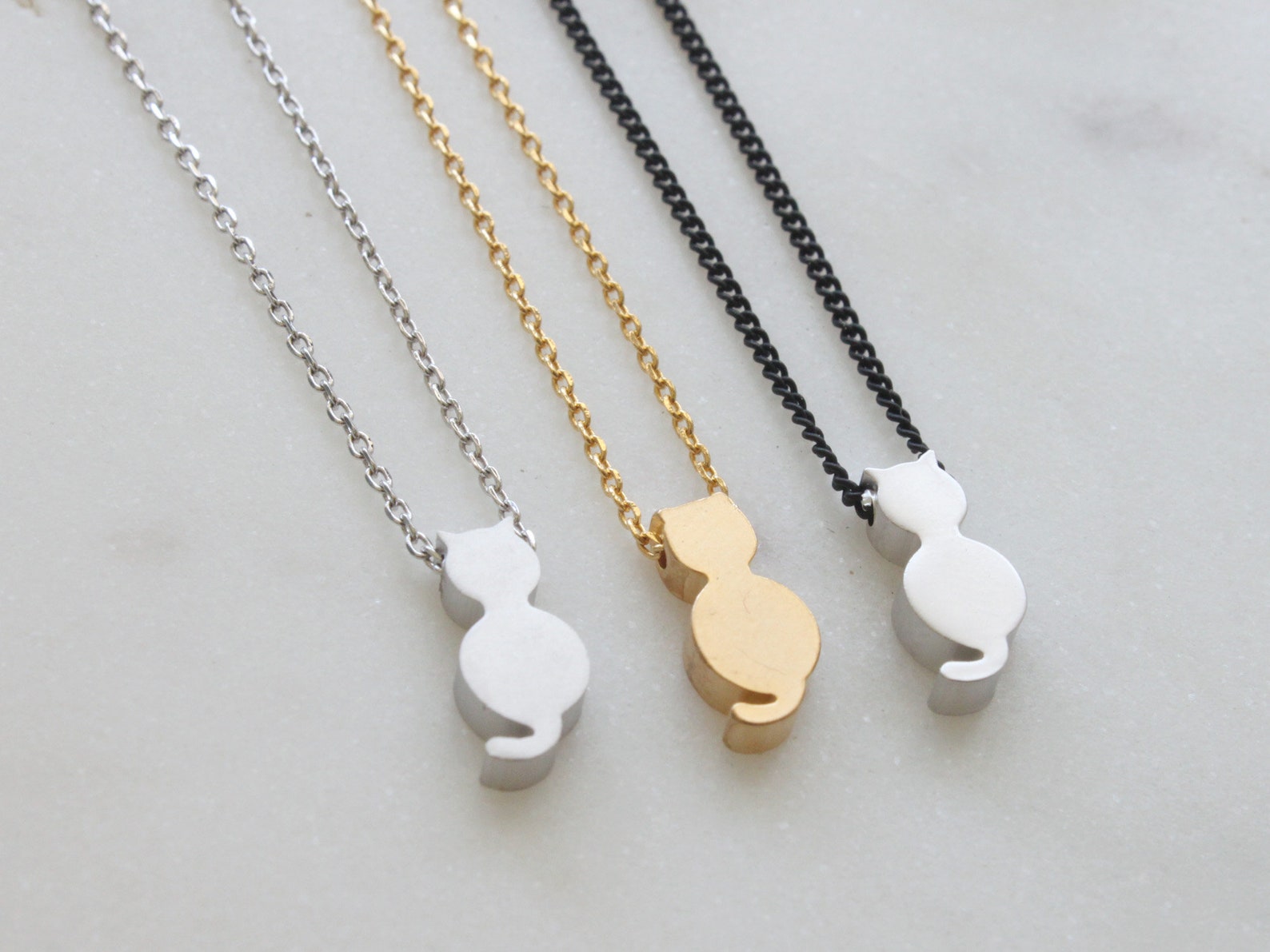 Cute Cat Black Chain Necklace Silver Initial Cat Necklace | Etsy