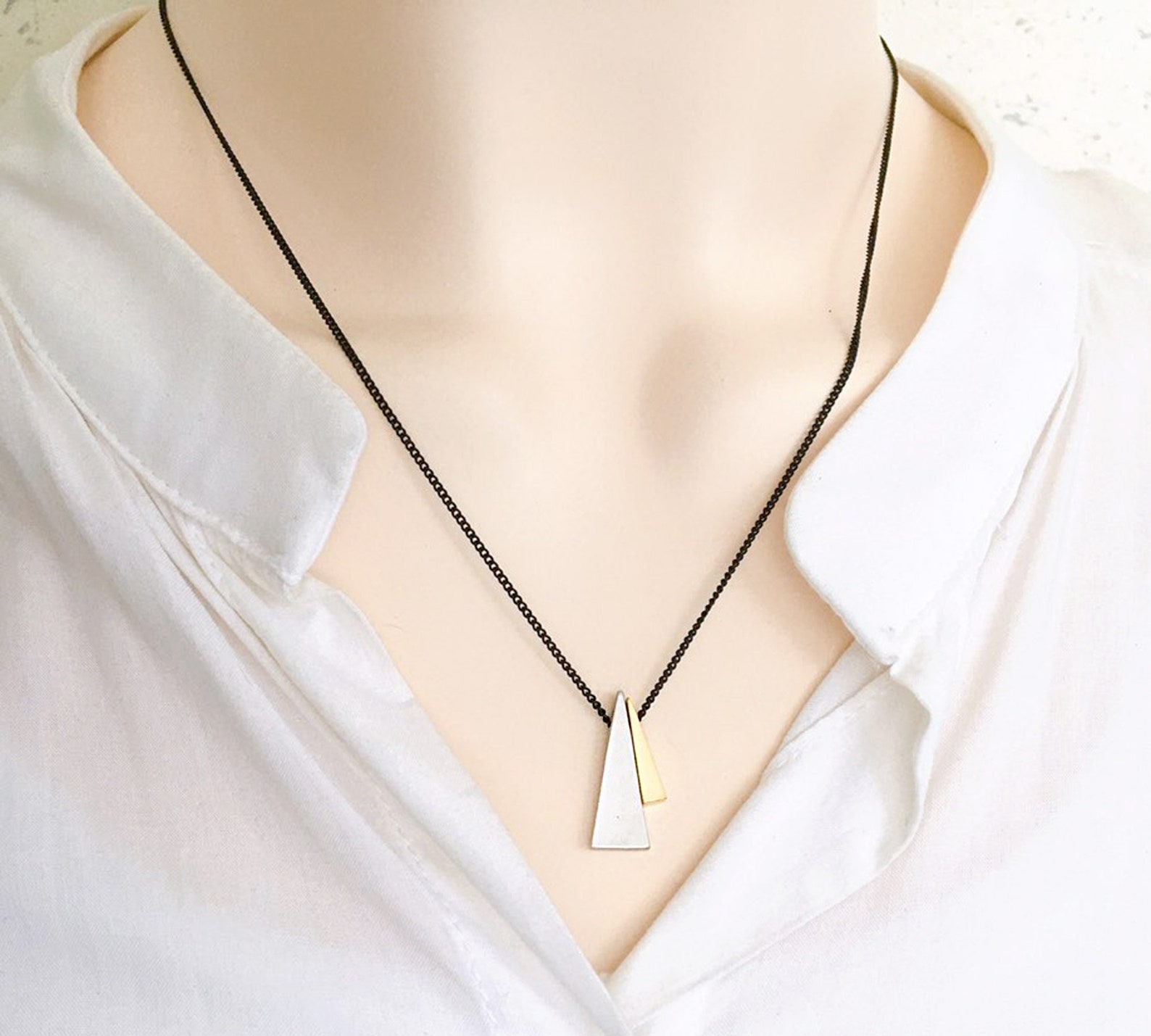 Two twin Triangle necklace on Black chain Necklace Simple | Etsy