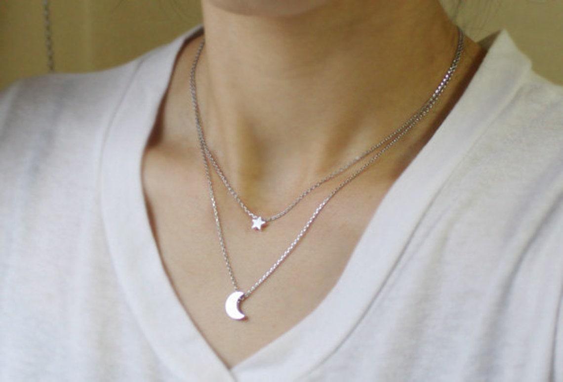 Simple Crescent With Star Pendant Double Layers Chain | Etsy