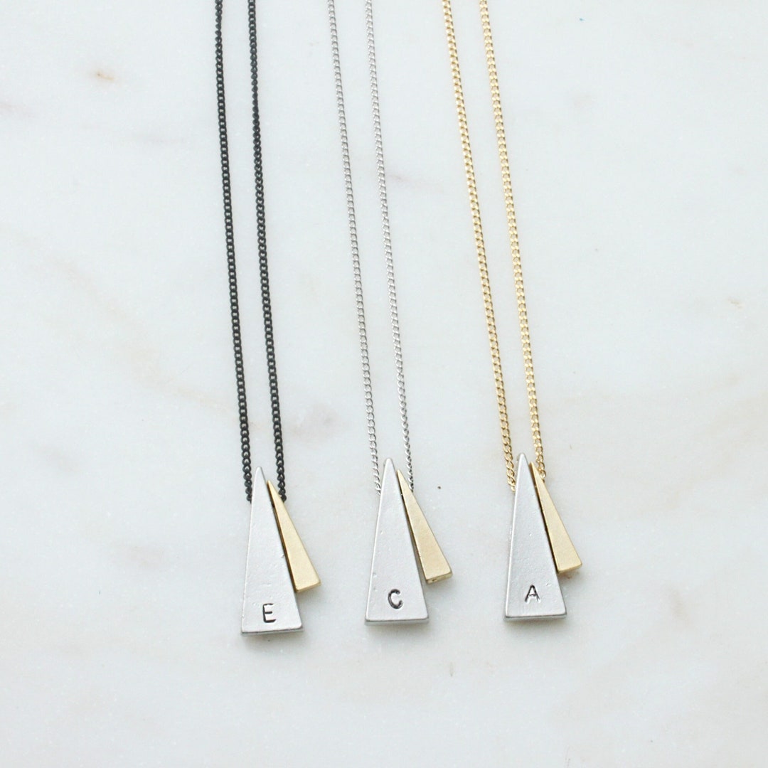 Two Triangle Necklace Black/silver Chain, Geometric Initial Triangle ...