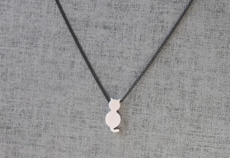 Cute Cat Black chain Necklace Silver Initial Cat Necklace | Etsy