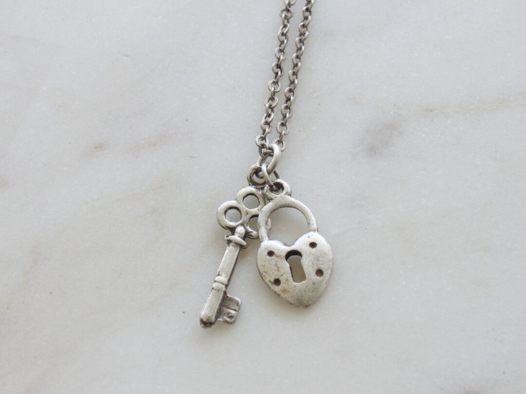 Vintage Style Cute Mini Lock and Key Necklace, Silver Key & Lock ...