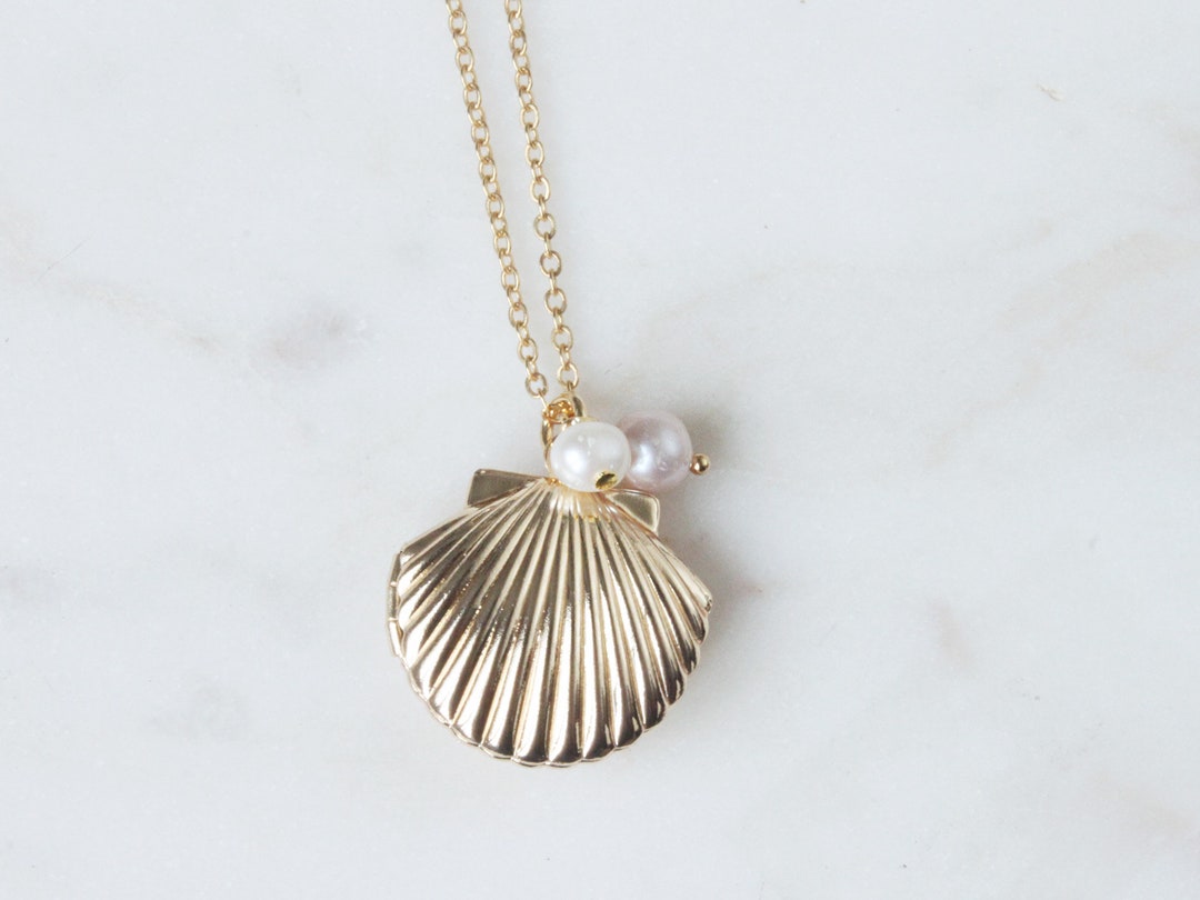 Seashell With Pearl Gold Locket, Gold Initial Shell Locket ...