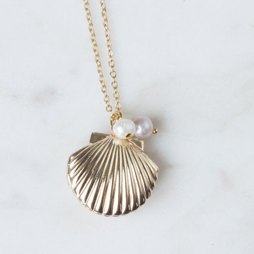 Seashell With Pearl Gold Locket Gold Initial Shell Locket - Etsy