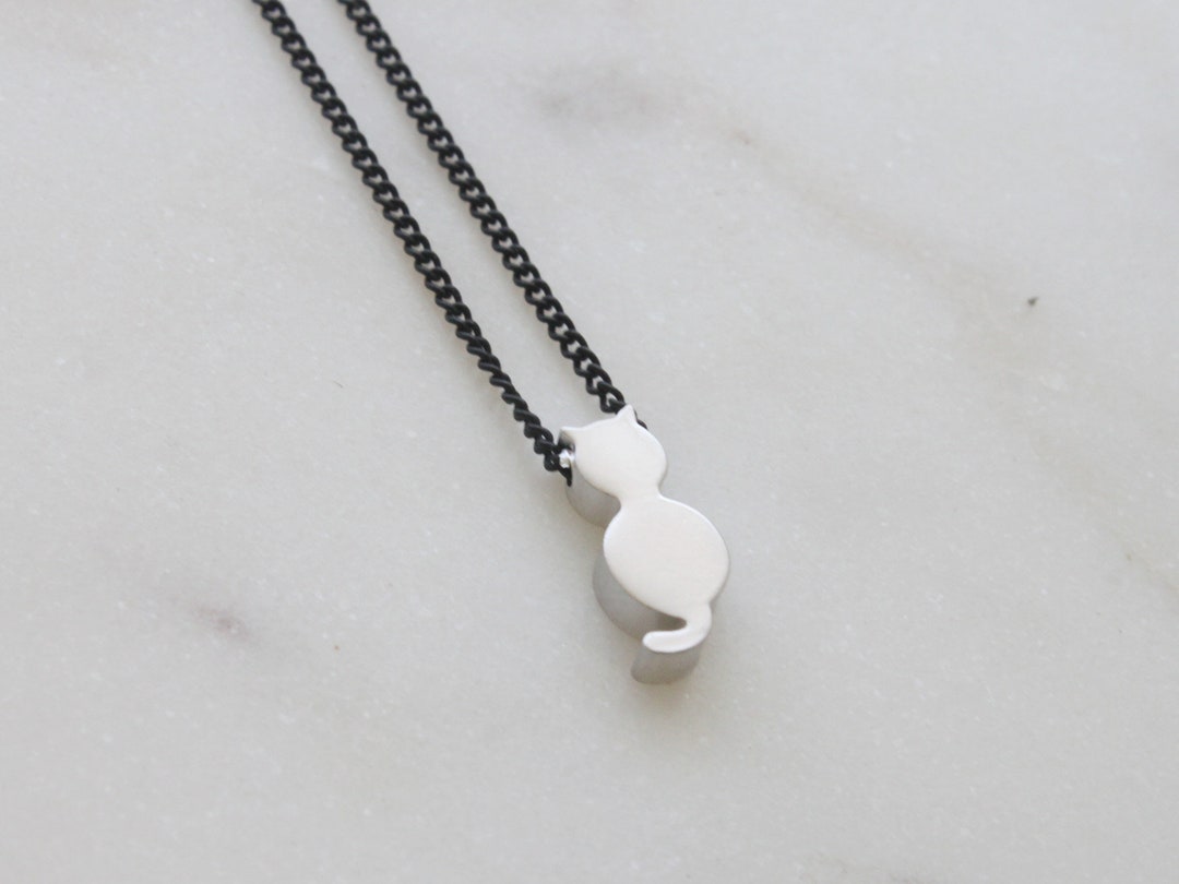 Cute Cat Black Chain Necklace, Silver Initial Cat Necklace, Cat Lover ...