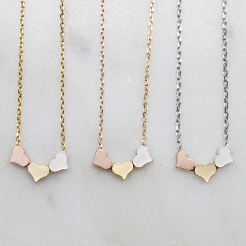 Tiny Triple Hearts Necklace Three Hearts Gold Silver Rose | Etsy