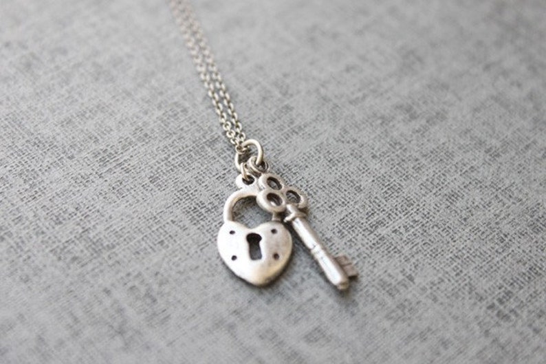 Vintage style cute mini lock and key necklace Silver key & | Etsy