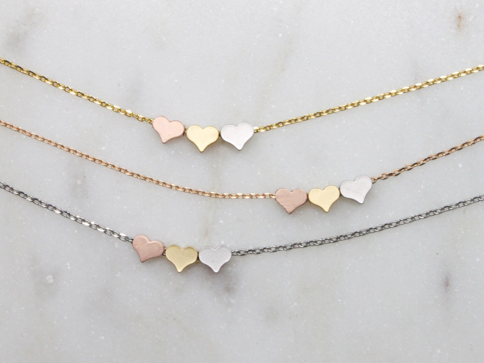 Tiny Triple Hearts Necklace Three Hearts Gold Silver Rose | Etsy