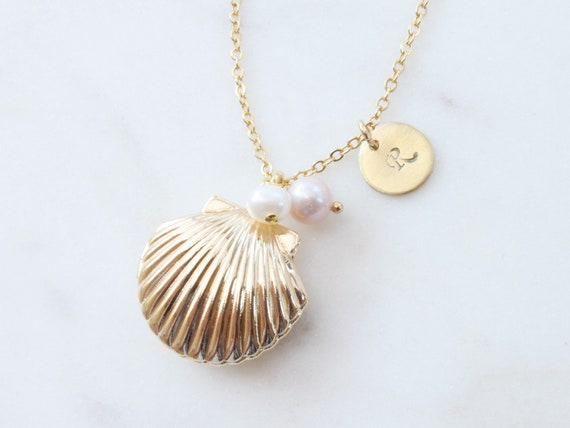Seashell With Pearl Gold Locket Gold Initial Shell Locket - Etsy