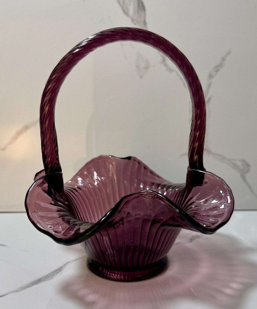 Vintage Fenton Amethyst Art Glass Basket Ribbed Optic Handled Crimped ...