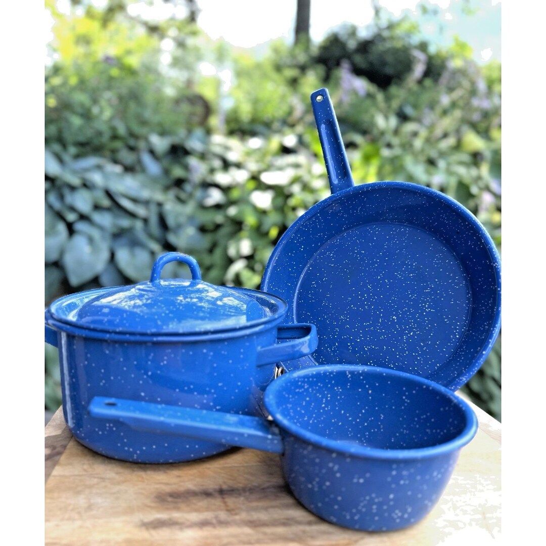 Vintage Blue Speckled Enamel Cookware – 3-piece Set – Stock Pot ...