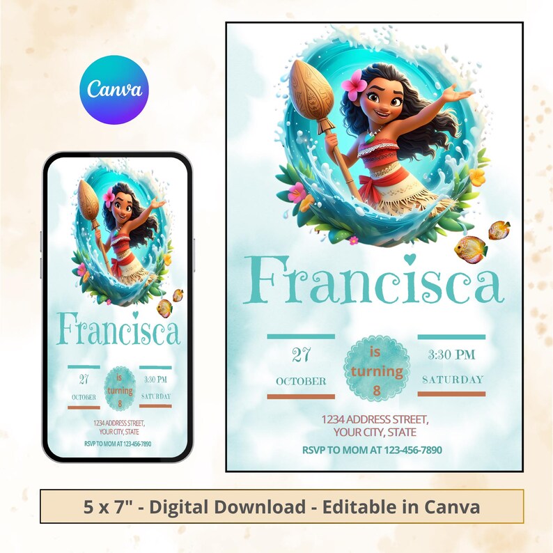 Editable Moana Birthday Invitation Template | Canva Editable Birthday ...