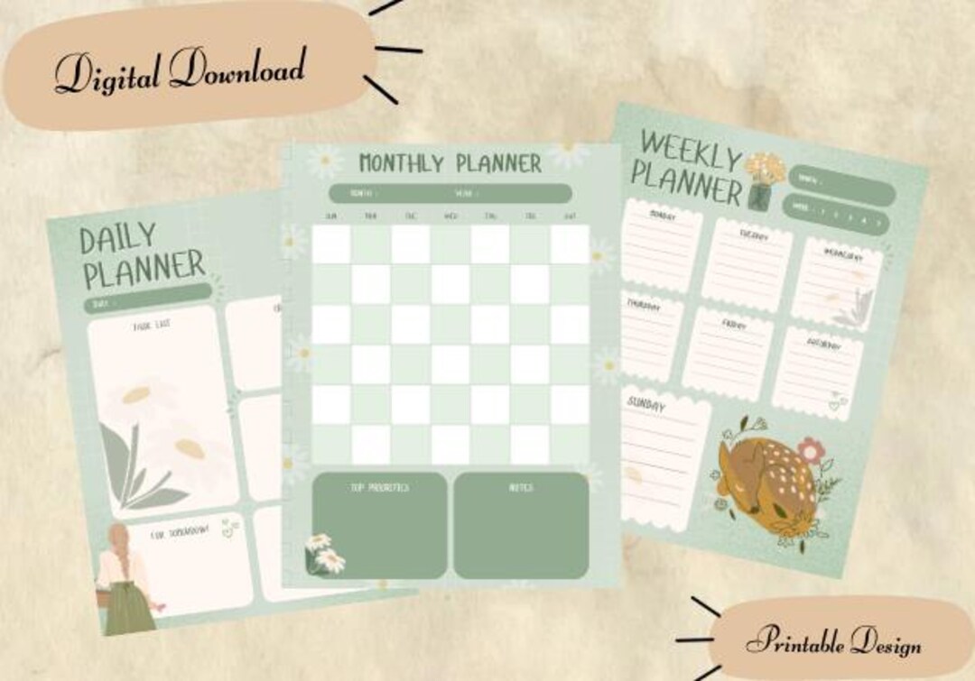Daily, Weekly, Monthly Printable Planner | Cottagecore Design ...
