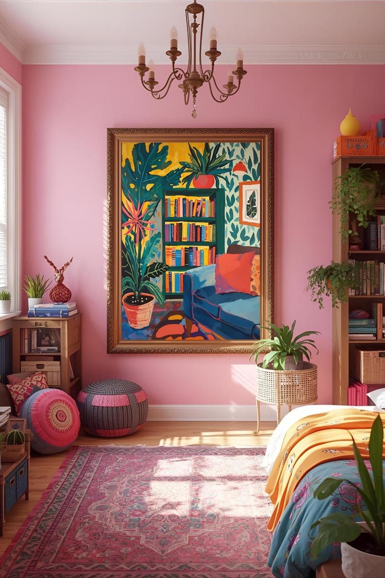 Colorful Reading Corner Wall Art, Boho Books and Plants Decor (digital ...