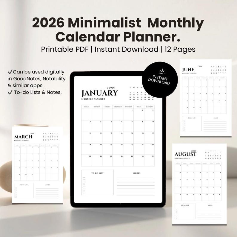 Minimalist 2026 Planner | Printable Monthly Calendar, To-do Lists ...