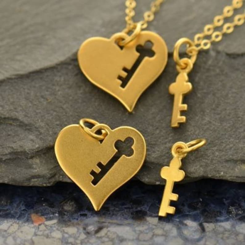 Heart-and-key Stamping Charm Set 24kt Gold Plated Sterling - Etsy