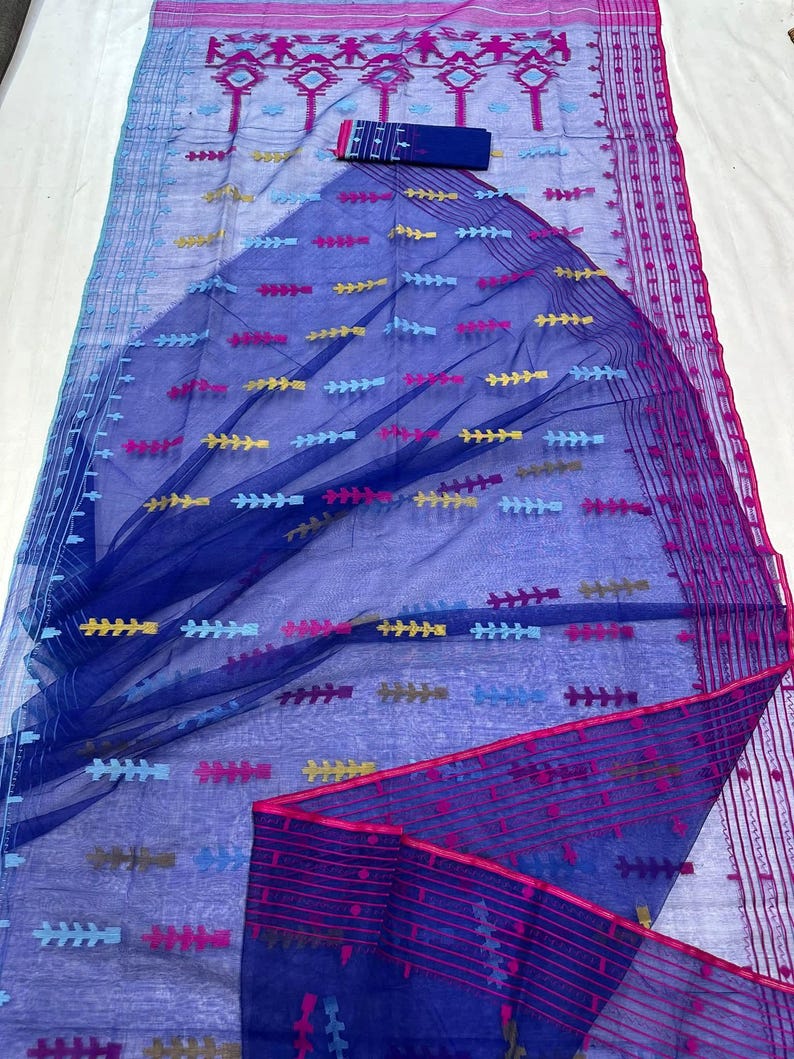 Handloom Dhakai Jamdani: 84 Count Navy Blue Saree - Etsy