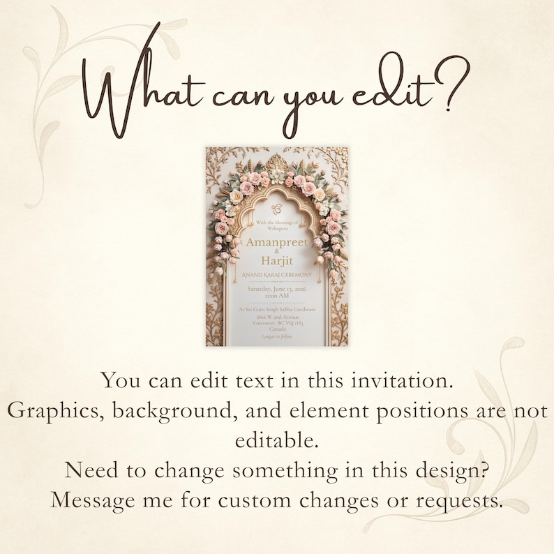Luxury Sikh Wedding Invitation, Blush & Gold Floral Arch (editable ...