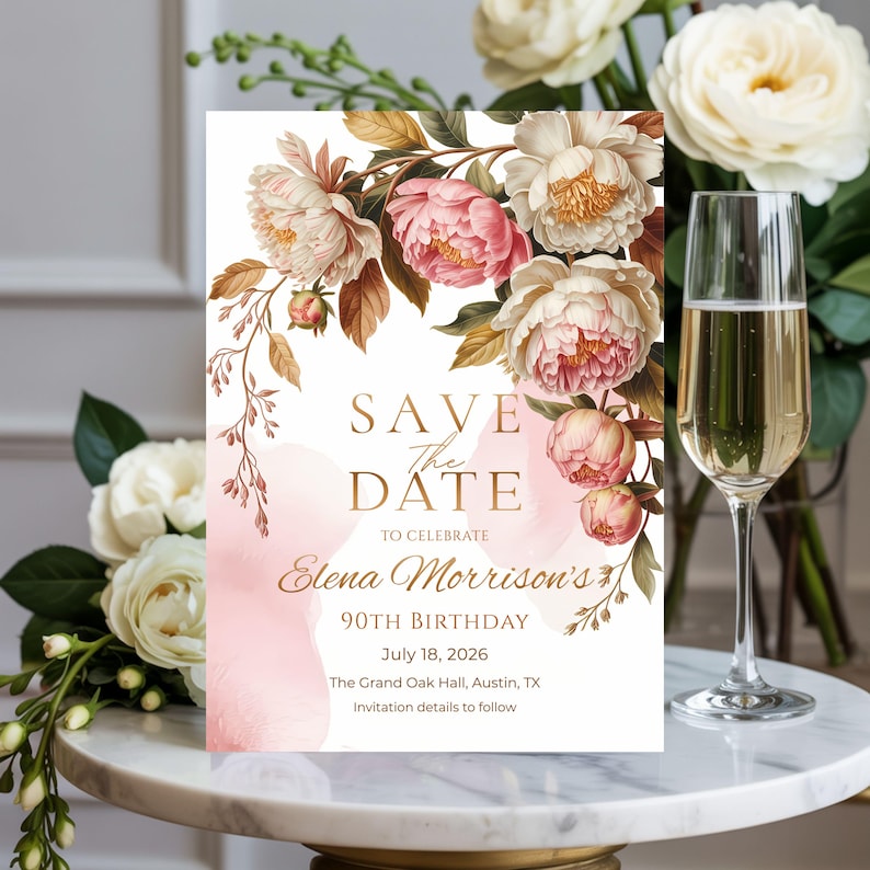 Save the Date Invitation Template, Elegant Floral Birthday Party Invite ...