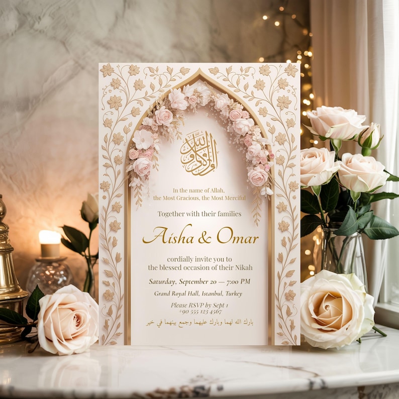 Elegant Nikah Wedding Invitation, Islamic Floral Arch With Arabic ...